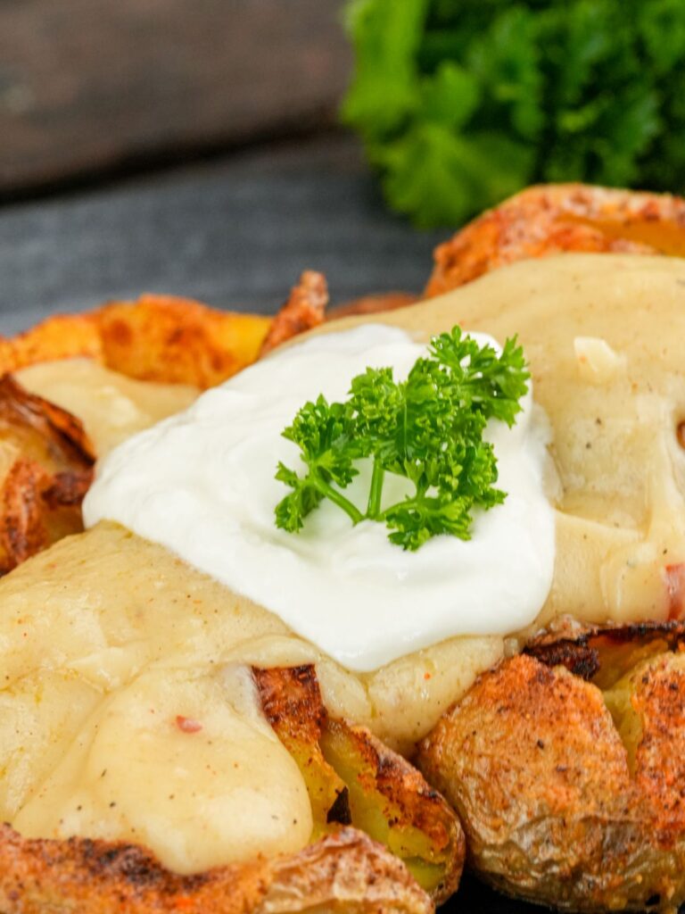 Smashed Vegan Cheesy Fiesta Potatoes - The Cheeky Chickpea