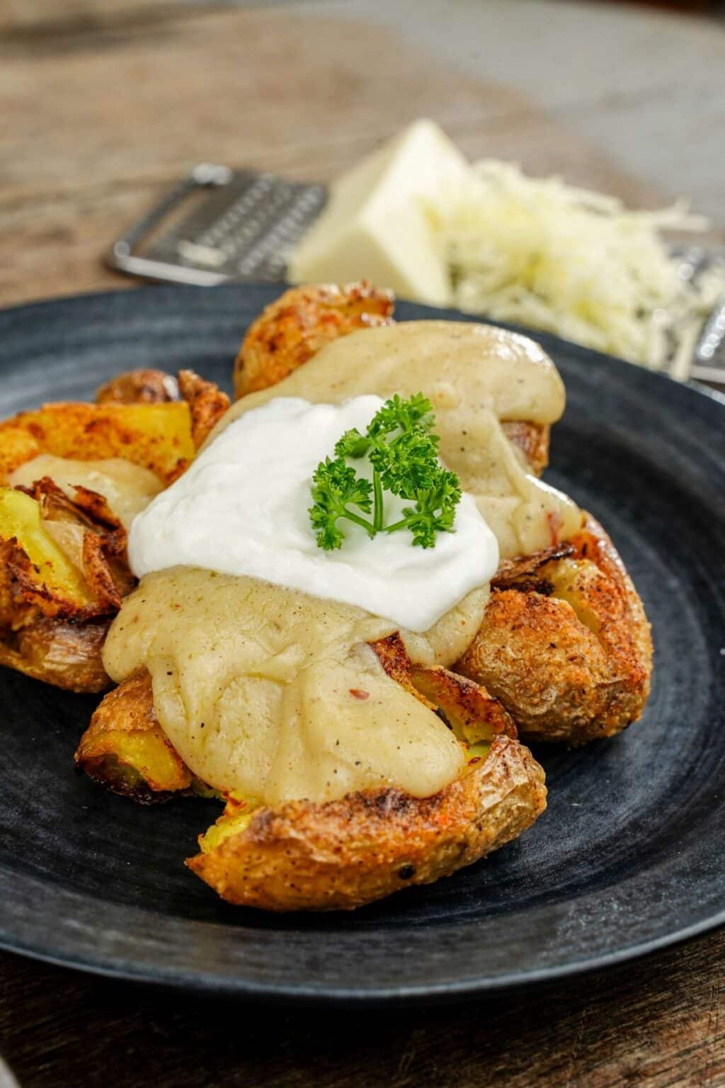 Smashed Vegan Cheesy Fiesta Potatoes - The Cheeky Chickpea
