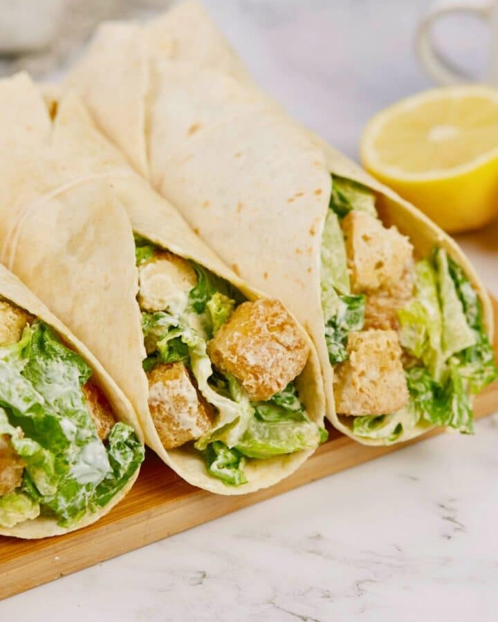Vegan Caesar Wraps with Fried Tofu - The Cheeky Chickpea