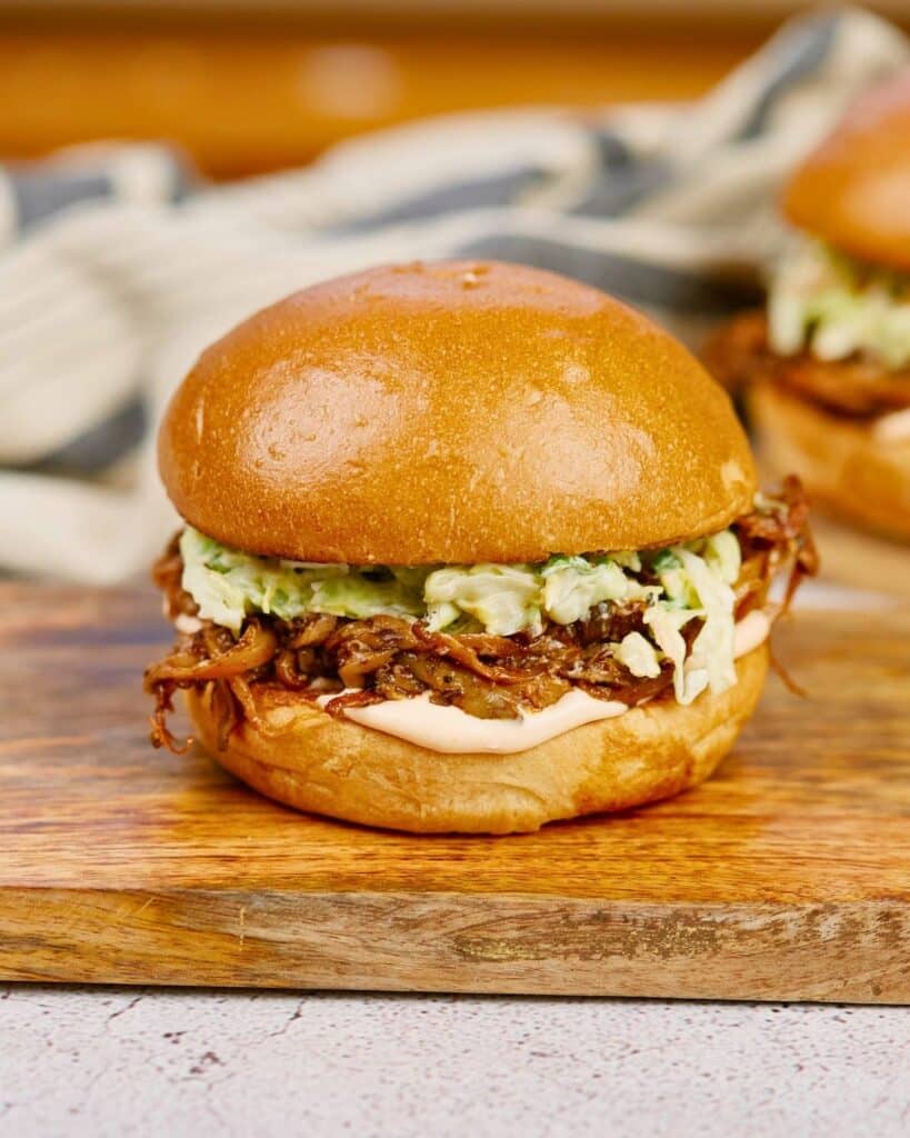 Vegan Pulled Pork Burger with Mushrooms - The Cheeky Chickpea